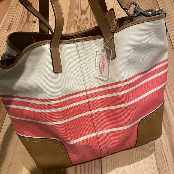 Coach | Bags | Coach Peach And Tan Striped Tote Bag | Poshmark